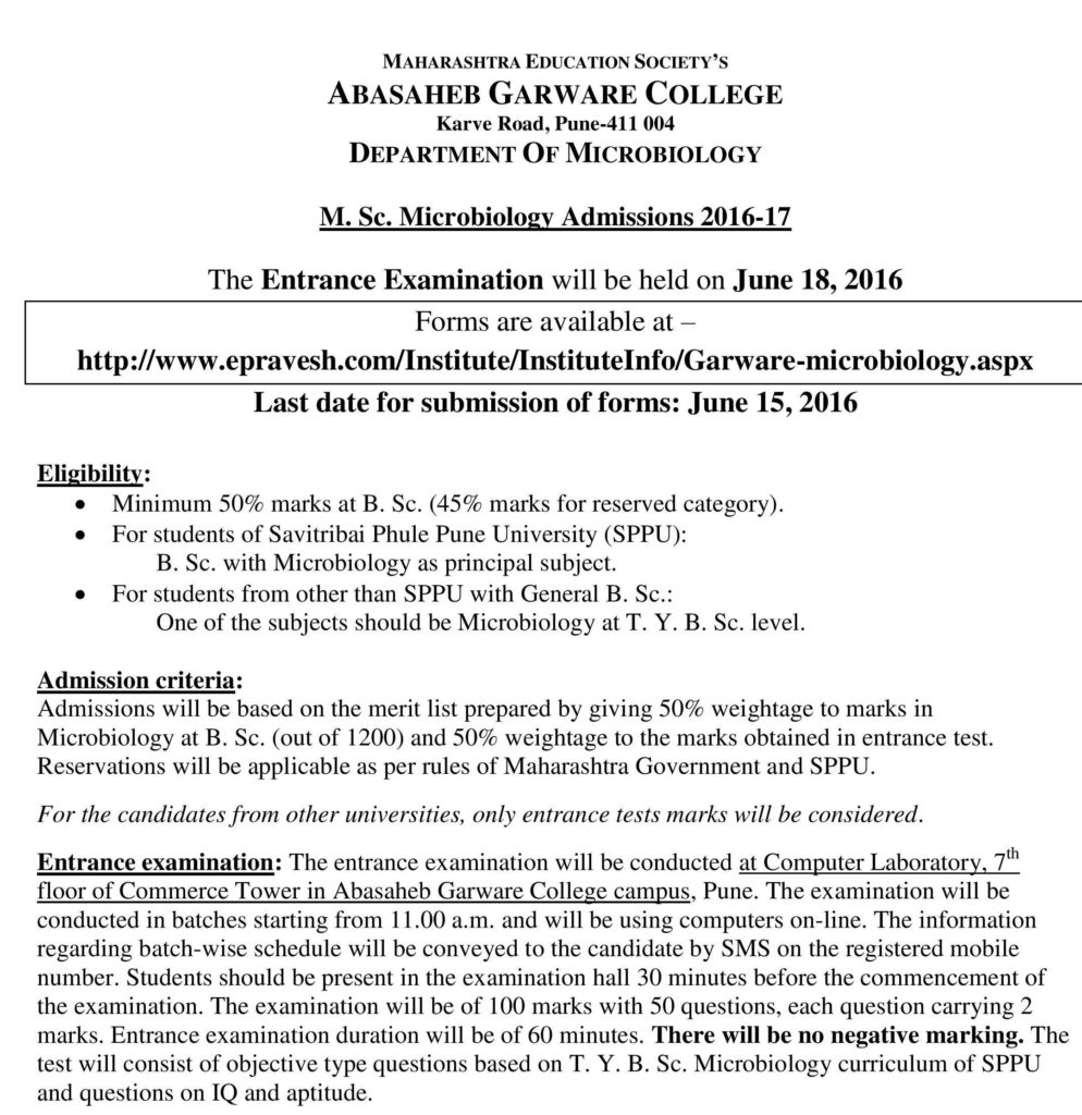 M.Sc Microbiology Admissions 2016-17 @ Abasaheb Garware College, Pune ...