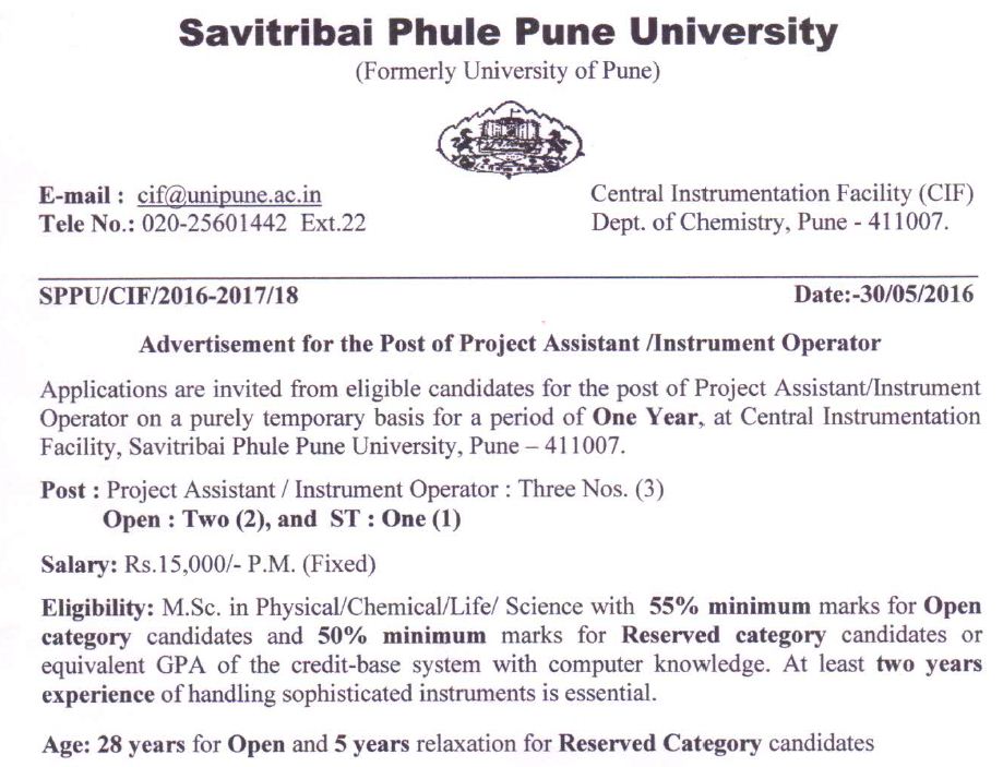 Project Asst.(3) @ Central Instrumentation Facility, SPPU, Pune ...