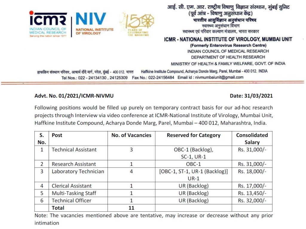 Advertisement for various projects posts at ICMR-NIV, Mumbai Unit ...