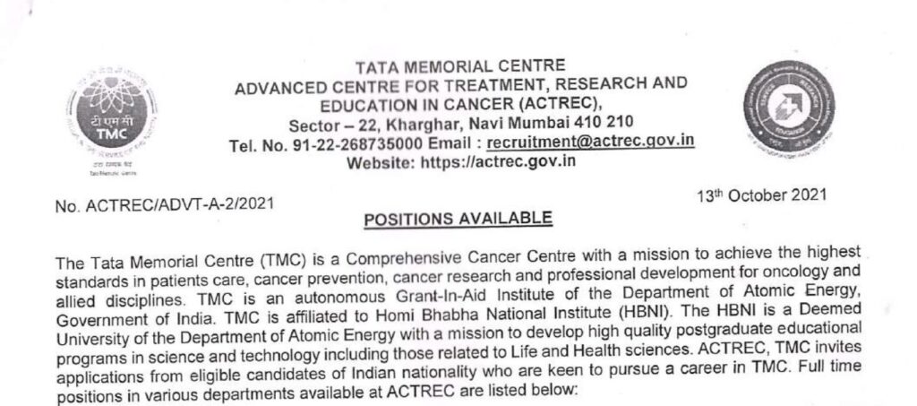 Permanent Non-Medical positions @ACTREC_TMC @Jaivikshastram ... Permanent Non-Medical positions @ACTREC_TMC @Jaivikshastram ...