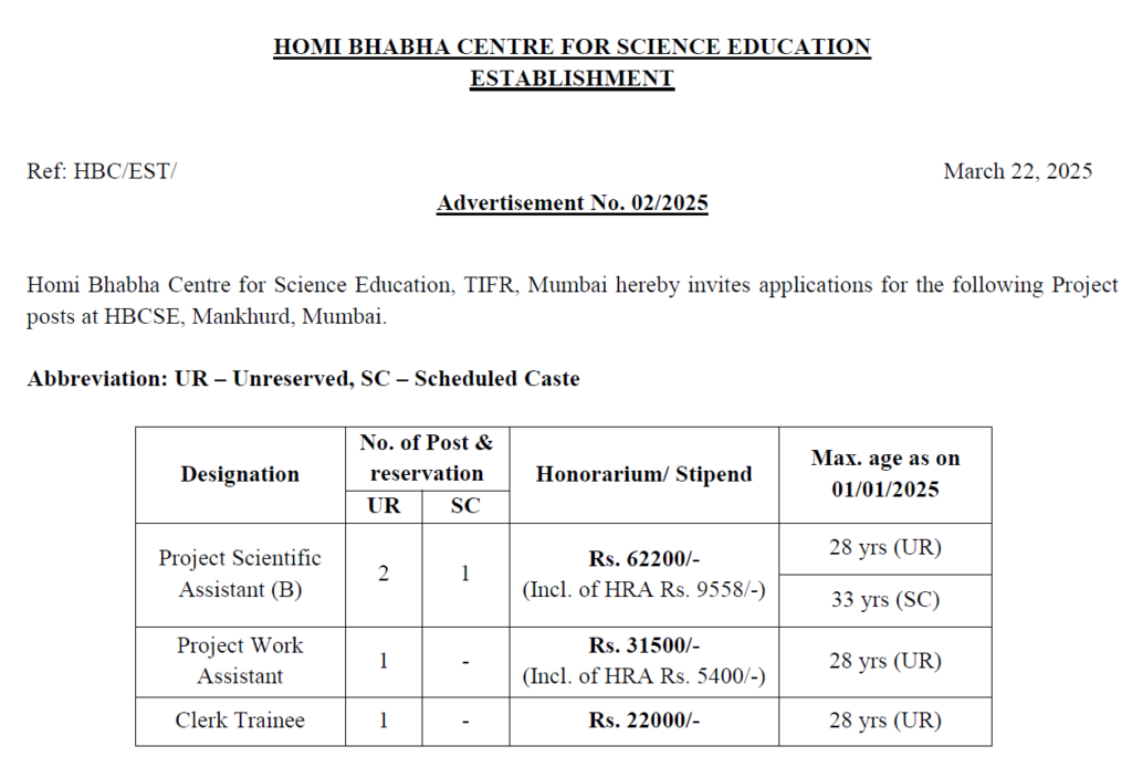 Multiple positions @HBCSE_TIFR @Jaivikshastram - Jaivikshastram ...